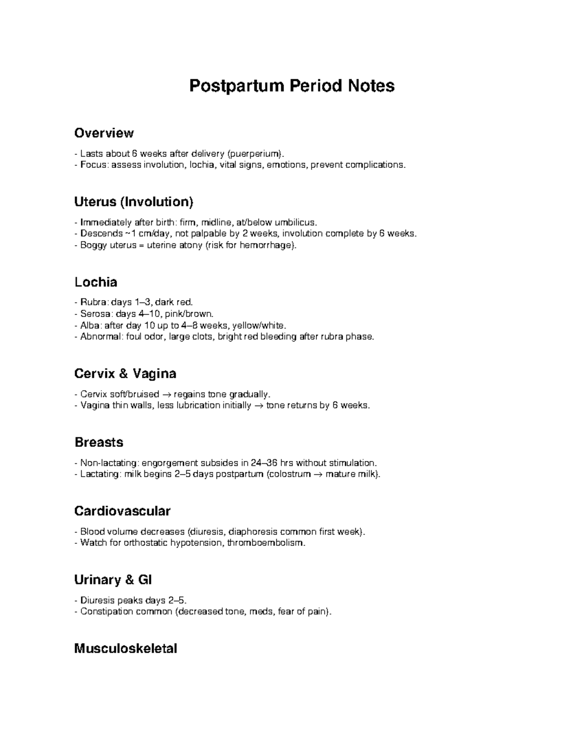 Postpartum Period Notes: Overview of Puerperium (6 Weeks) - Studocu