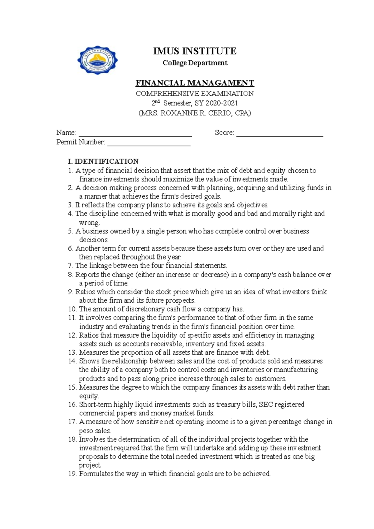 Fin Man Comprehensive Exam (2nd Sem, SY 2020) - Review Guide - Studocu