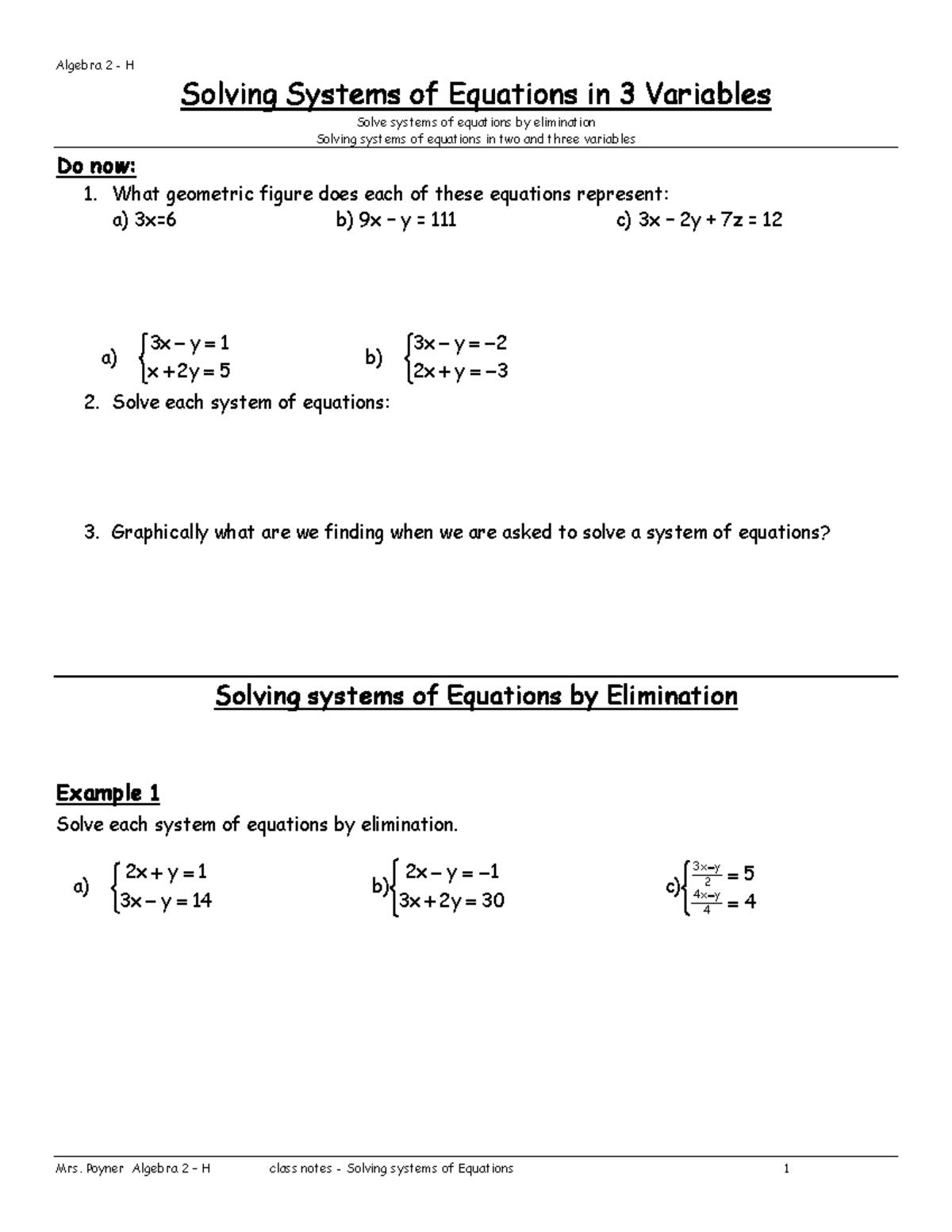 Algebra 2 H: Solving Systems of Equations in 3 Variables Notes - Studocu