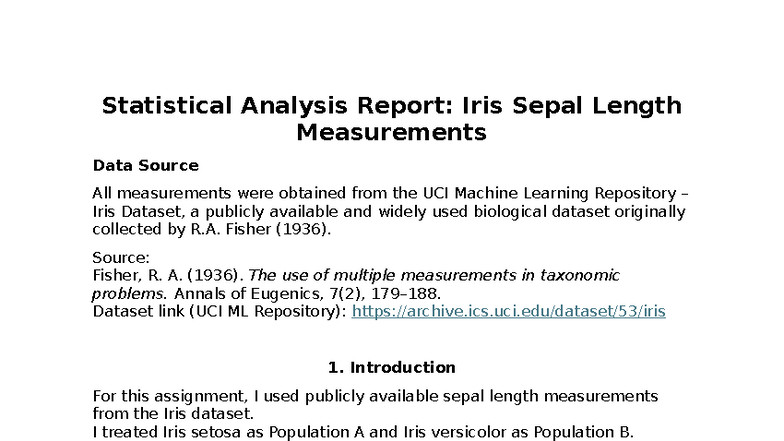 Statistical Analysis Report: Iris Sepal Lengths (STAT 101) - Studocu