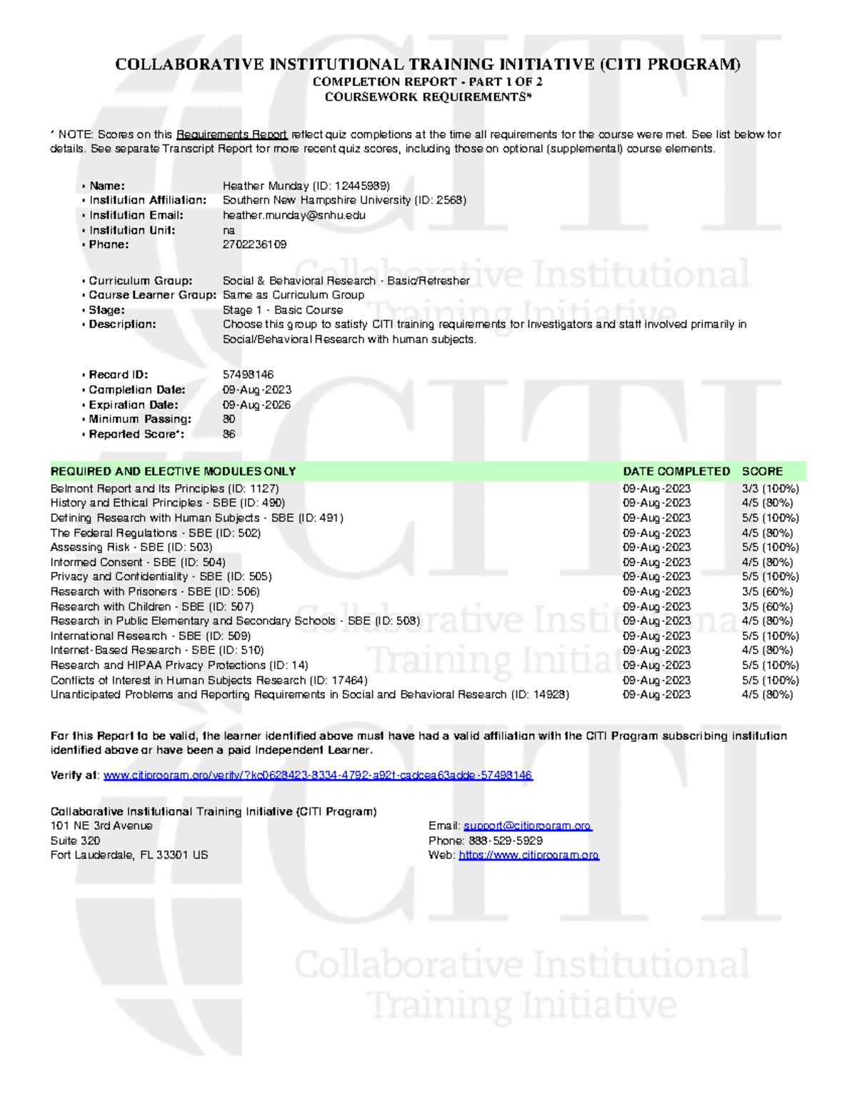 CITI Program Completion Report - Social & Behavioral Research Training ...