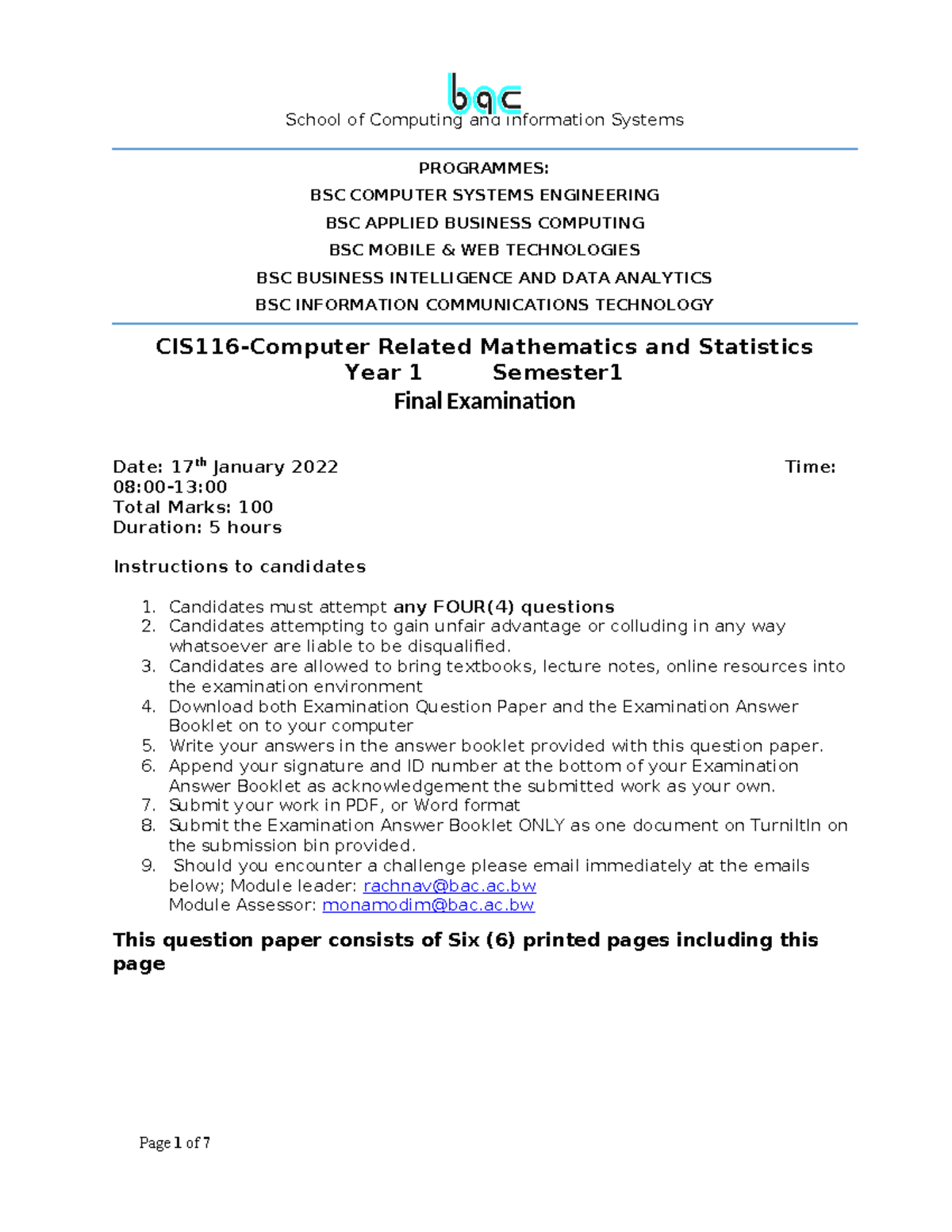 CMS 2022 Jan Final Exam Question Paper: Mathematics & Statistics - Studocu