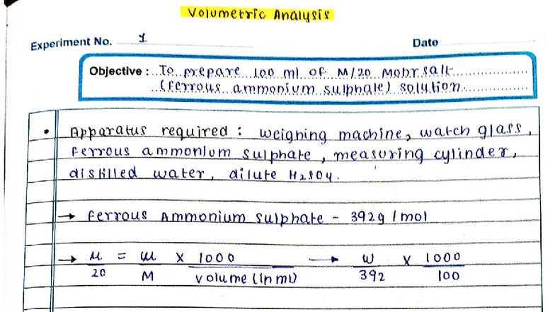 Chemistry Lab Manual Class XII: Volumetric Analysis Experiments - Studocu