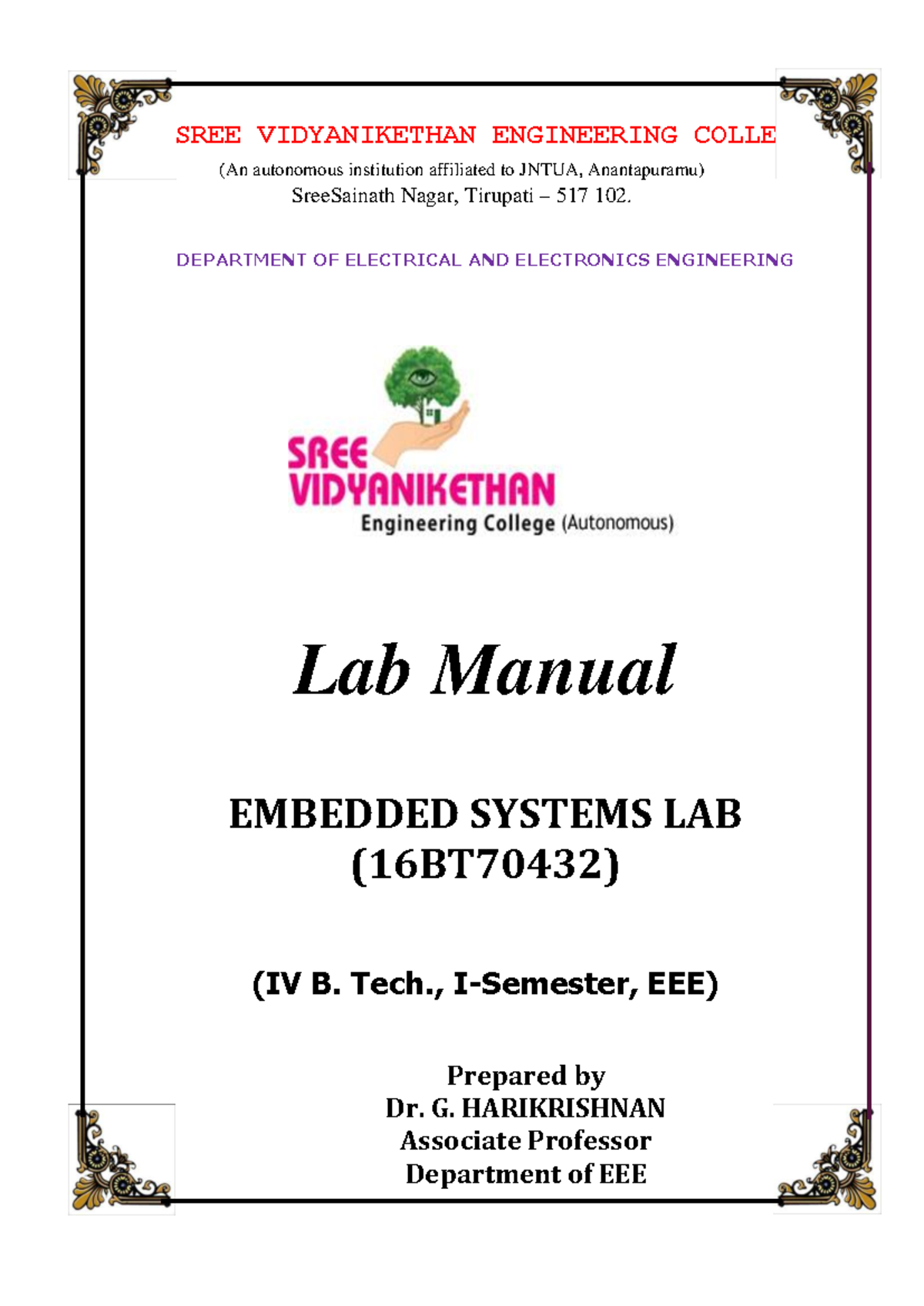 Embedded Systems Lab Manual (16BT70432) for IV B.Tech. Students - Studocu