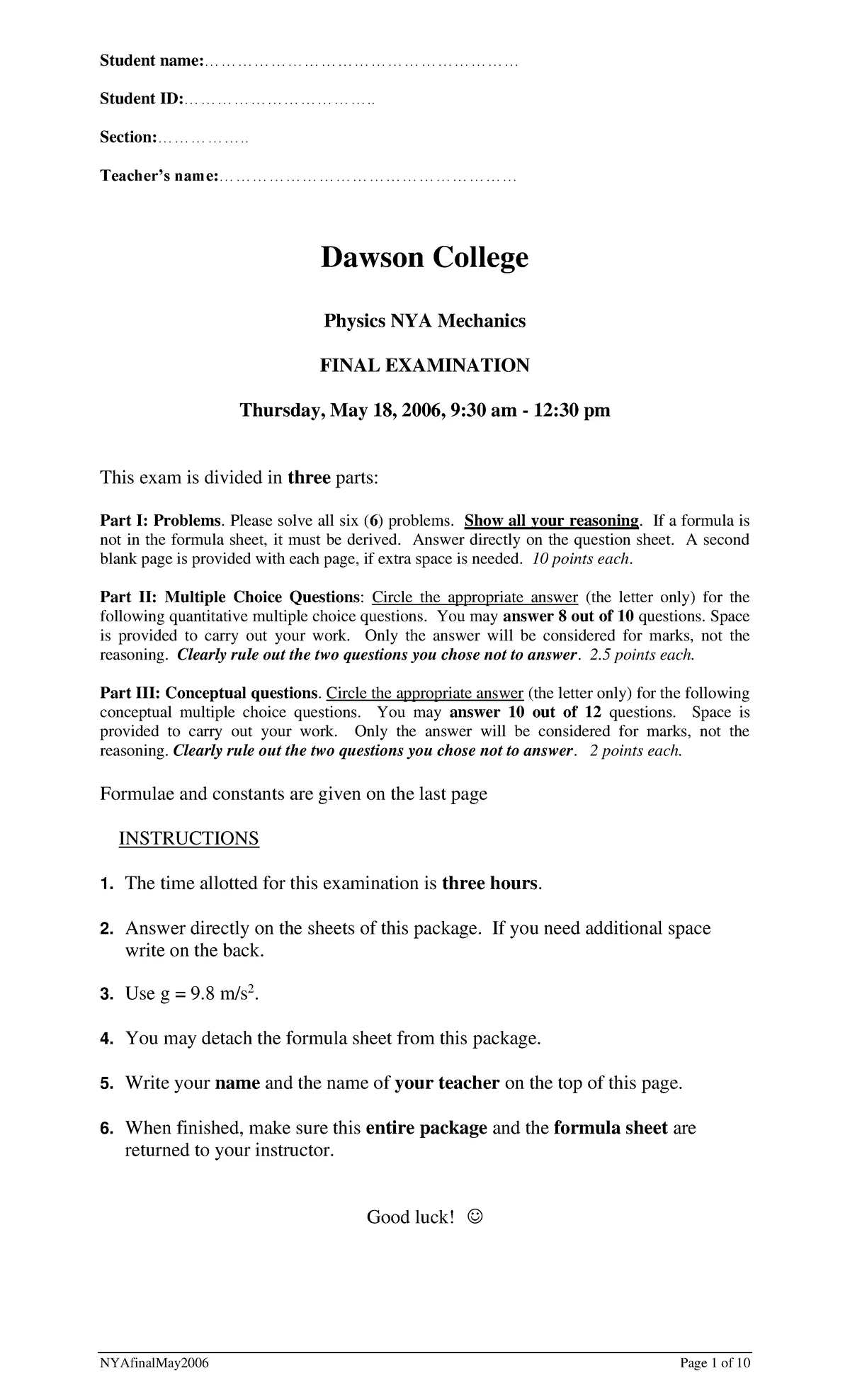 Sample Final Exam Physics 203-NYA-05 Mechanics Overview - Studocu