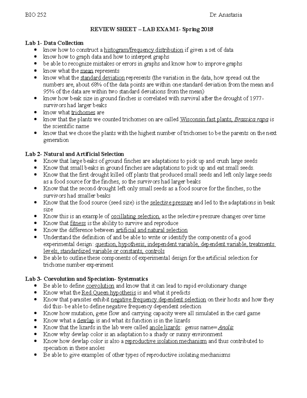 lab Review Sheet - BIO 252 Dr. Anastasia REVIEW SHEET – LAB EXAM I ...