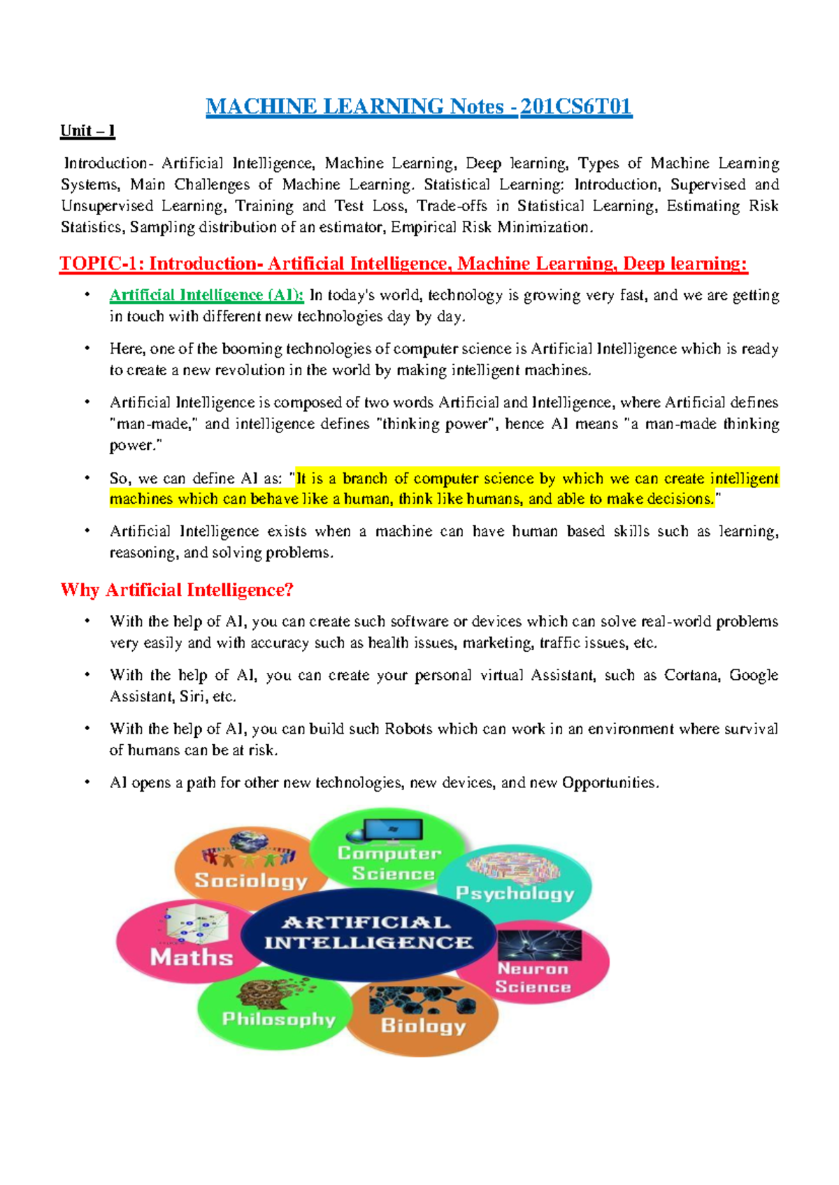 MACHINE LEARNING Notes 201CS6T01: AI, ML, Deep Learning & Challenges ...