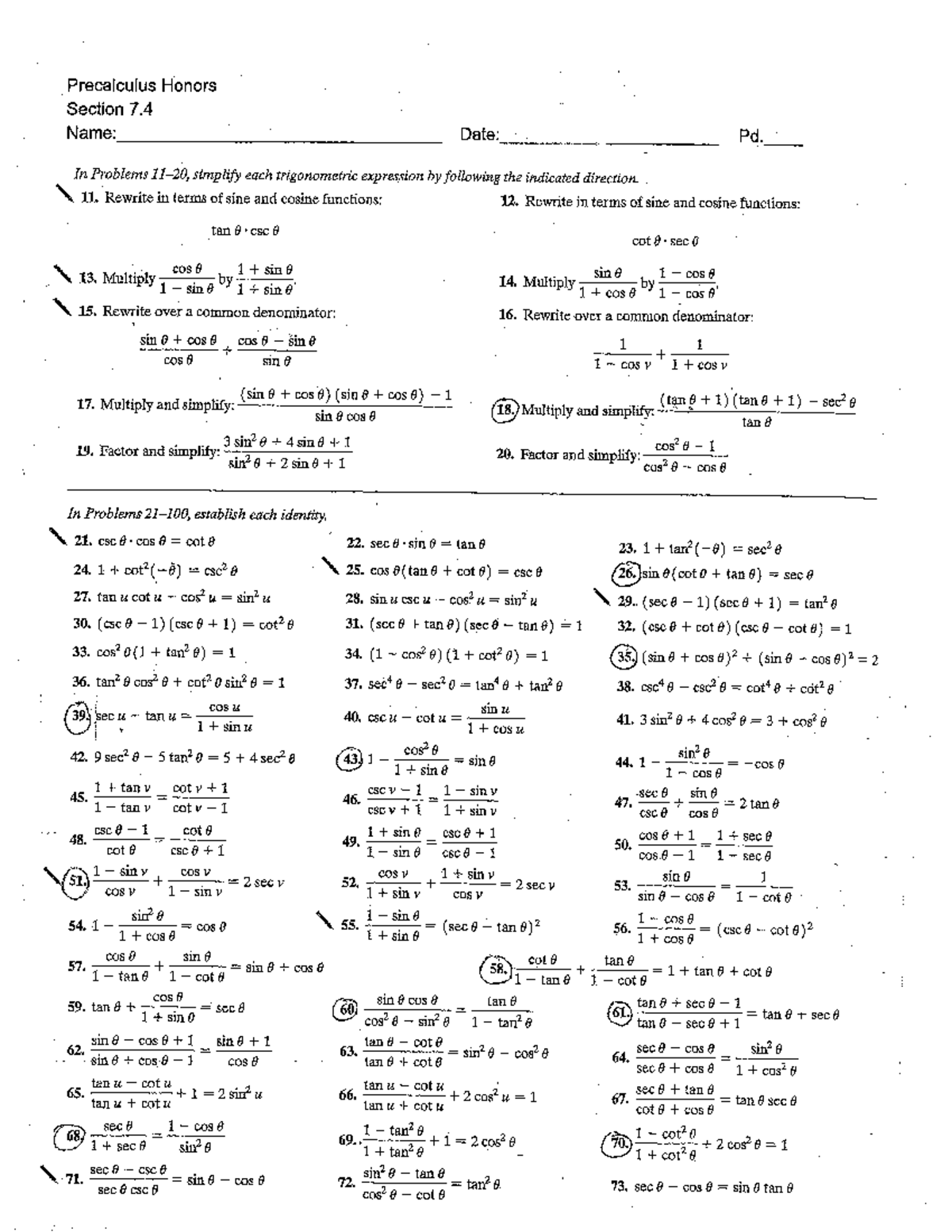 Precalculus Honors (7) Trigonometric Expressions Practice - Studocu