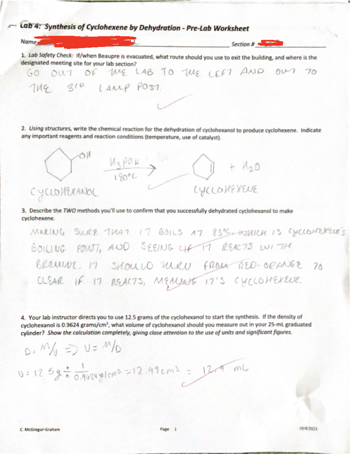 Lab 4 - Chem 126 Synthesis of Cyclohexene and Safety Procedures - Studocu
