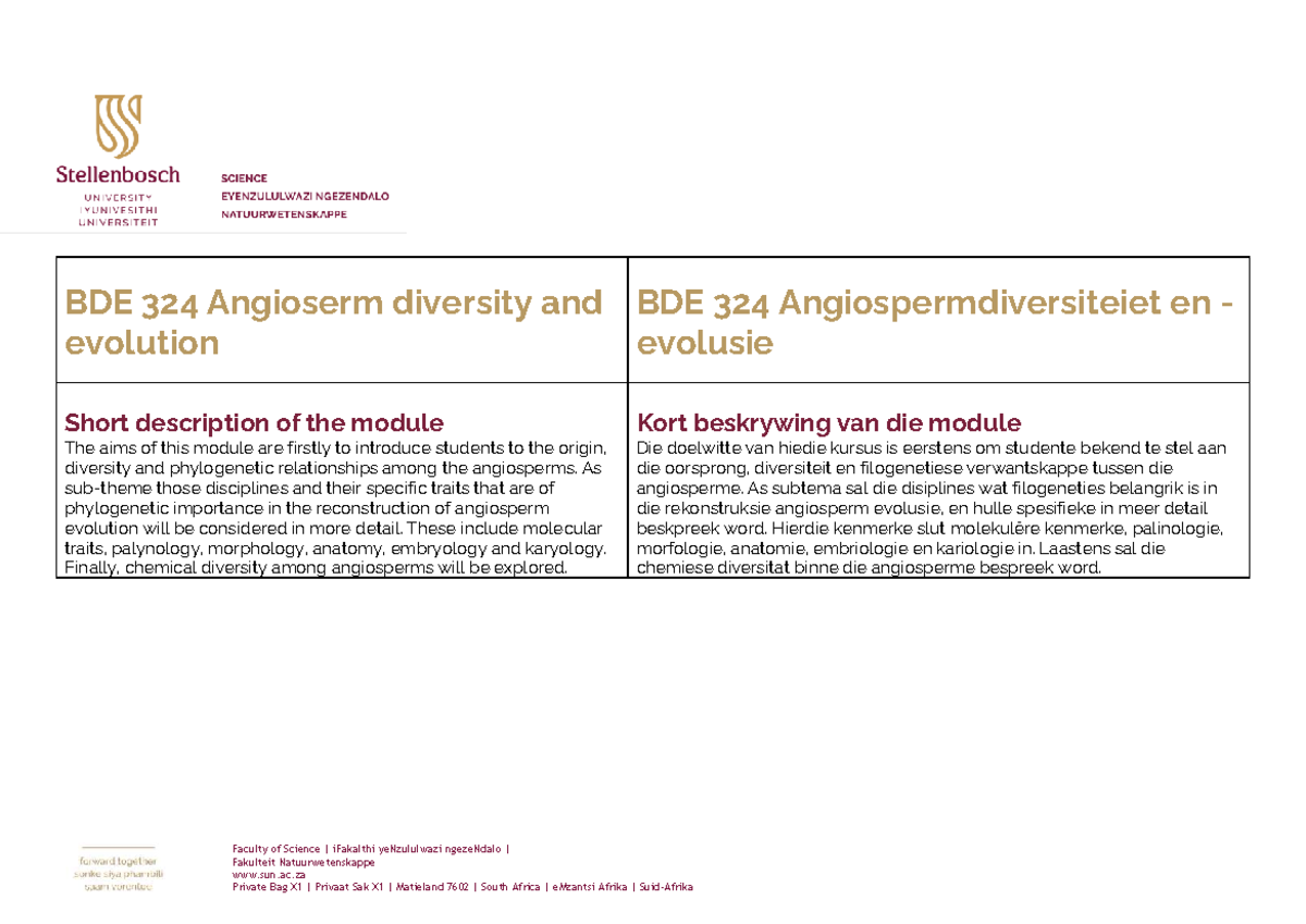 BDE 324 Angiosperm Diversity and Evolution Module Overview - Studocu