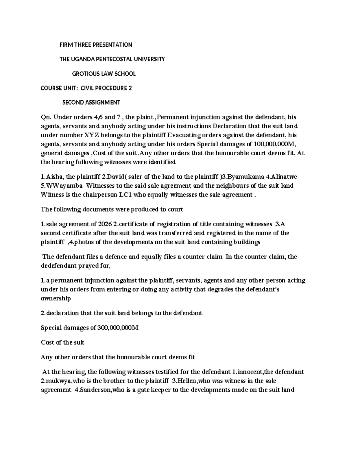 Civil Procedure 2: Witness Statements for Aisha vs. Innocent Case Study ...