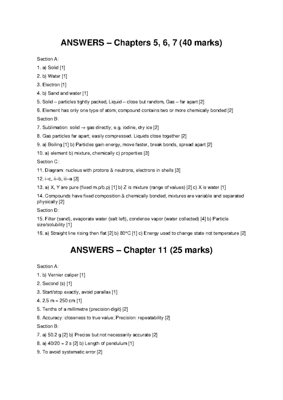 Science Test Answers: Chapters 5, 6, 7 & 11 (40 & 25 Marks) - Studocu