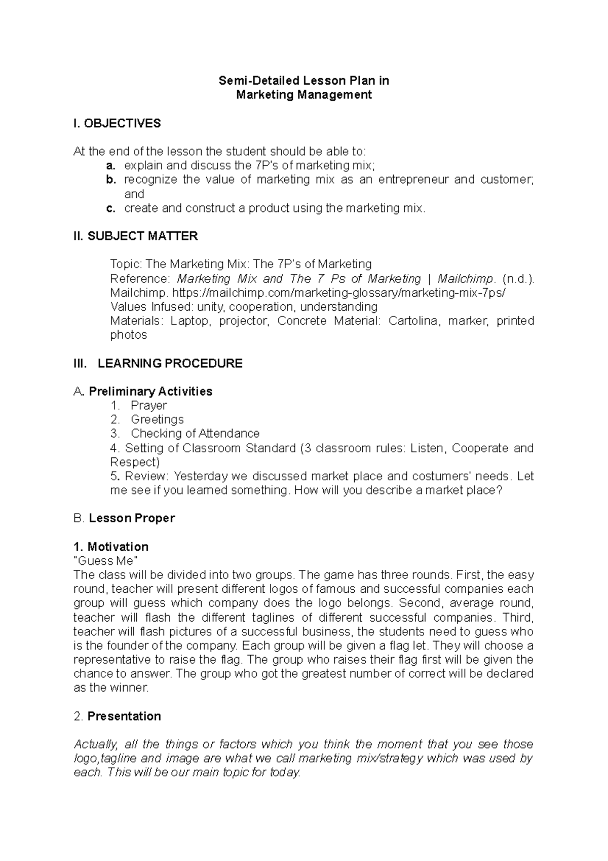 Detailed Lesson Plan in Mktg.Mgt - Semi-Detailed Lesson Plan in ...