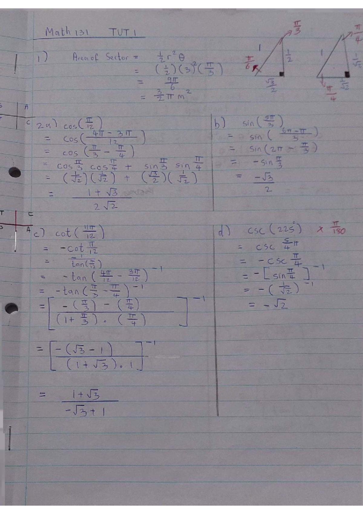 II Math 131 TUT 1 Solutions: Area of Sector and Trigonometric Functions ...