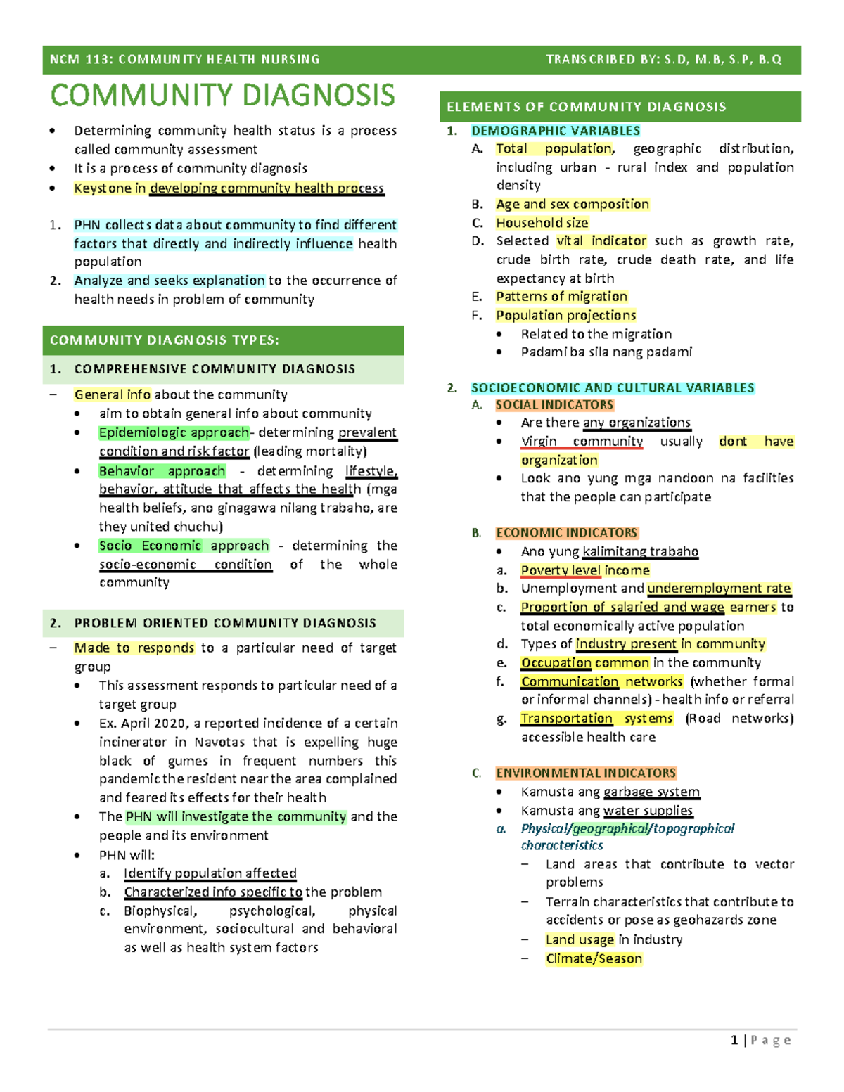Community Diagnosis Overview - NCM 113 - Studocu