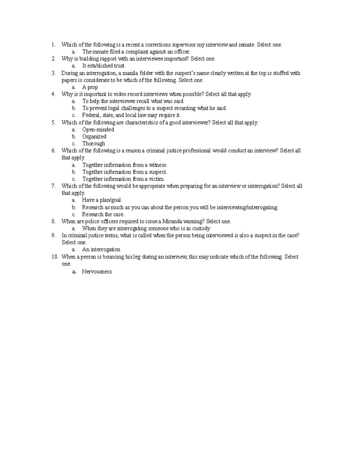 CJ-140 Quiz: Interview Techniques & Interrogation Essentials - Studocu