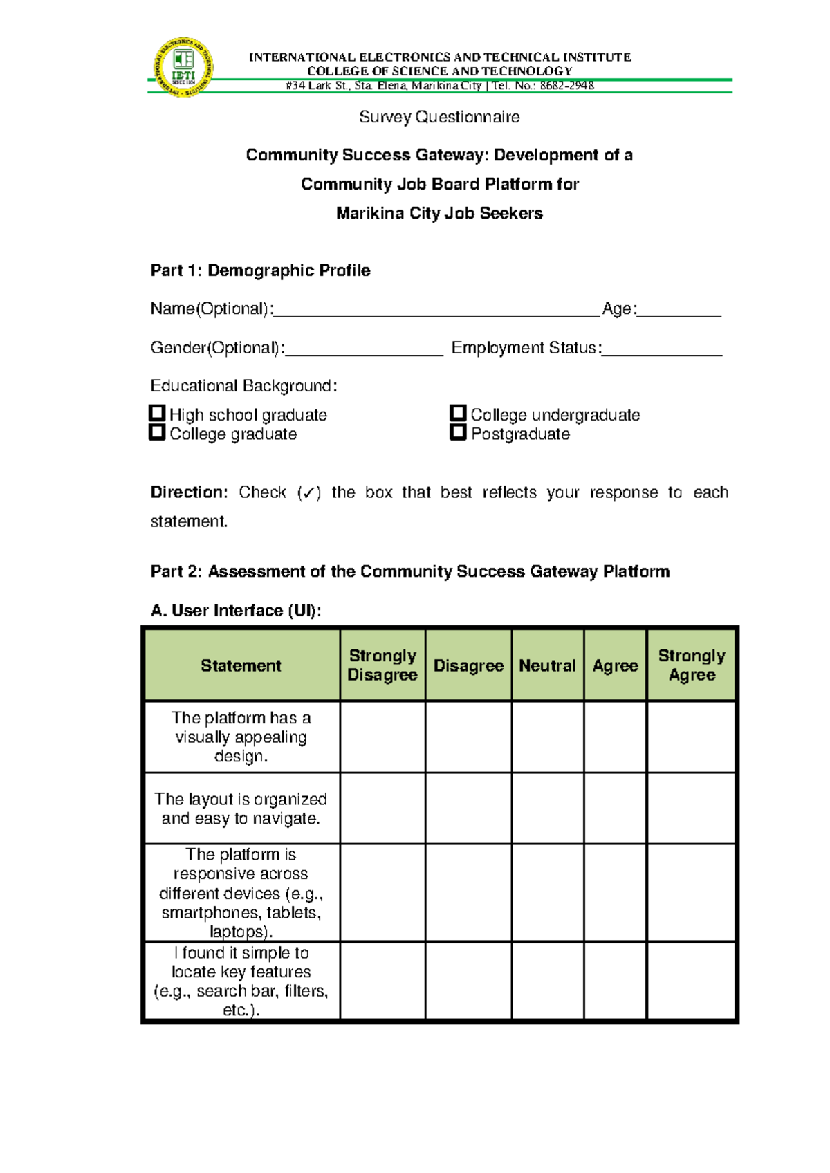 Capstone Survey Questionnaire: Community Job Board Platform Assessment ...