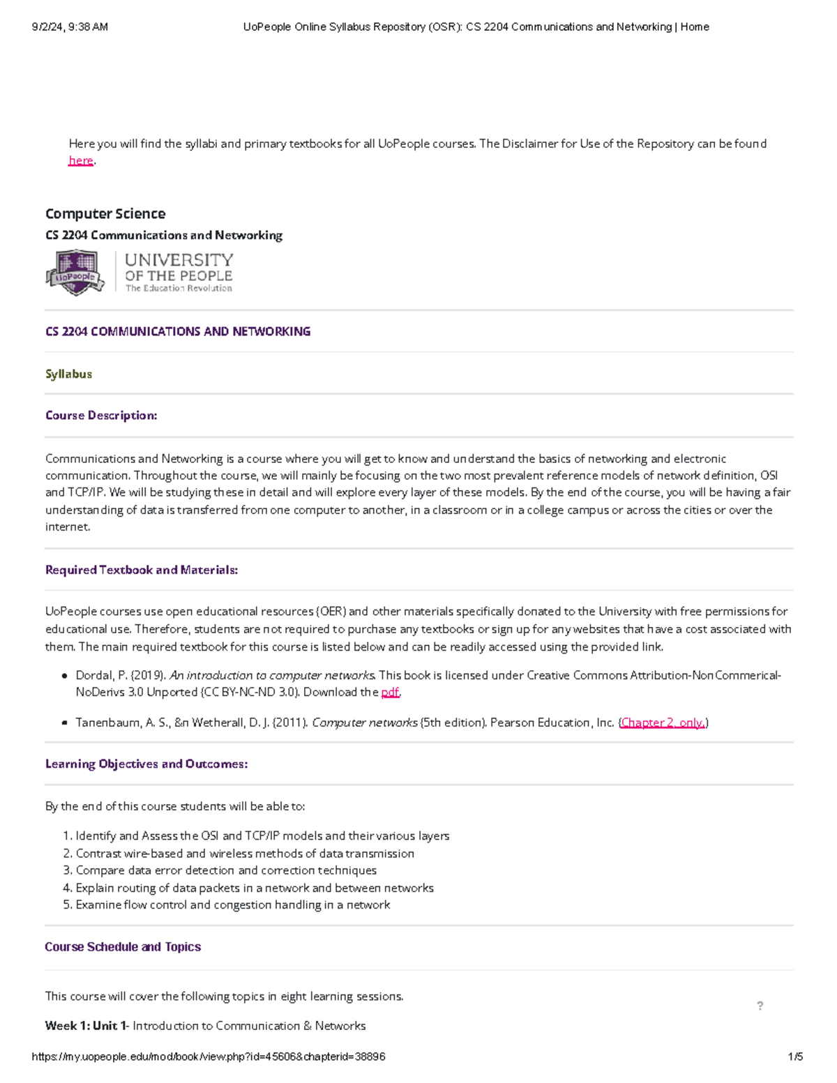 CS 2204 Communications and Networking Syllabus Overview and Resources ...