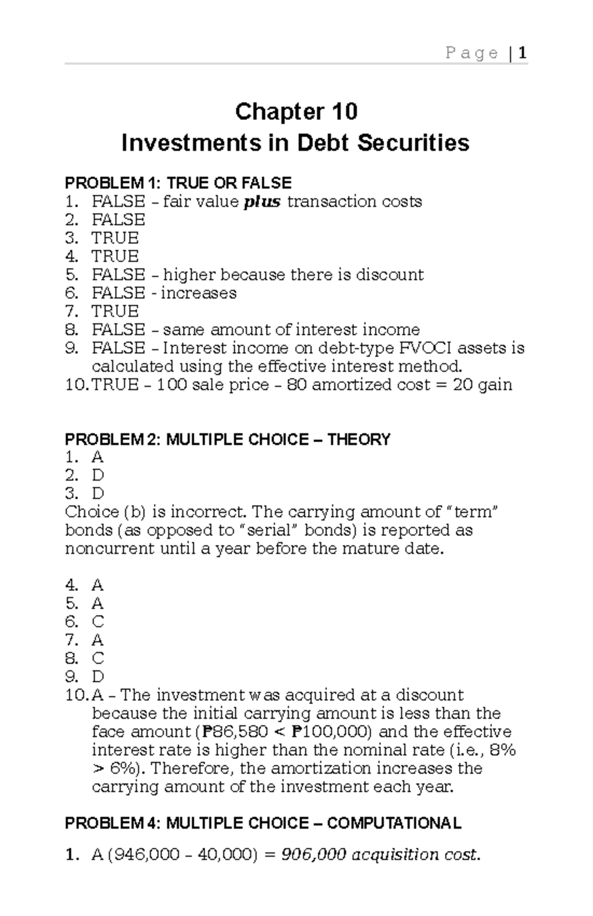 Answer Key for Chapter 10: Investments in Debt Securities - Studocu