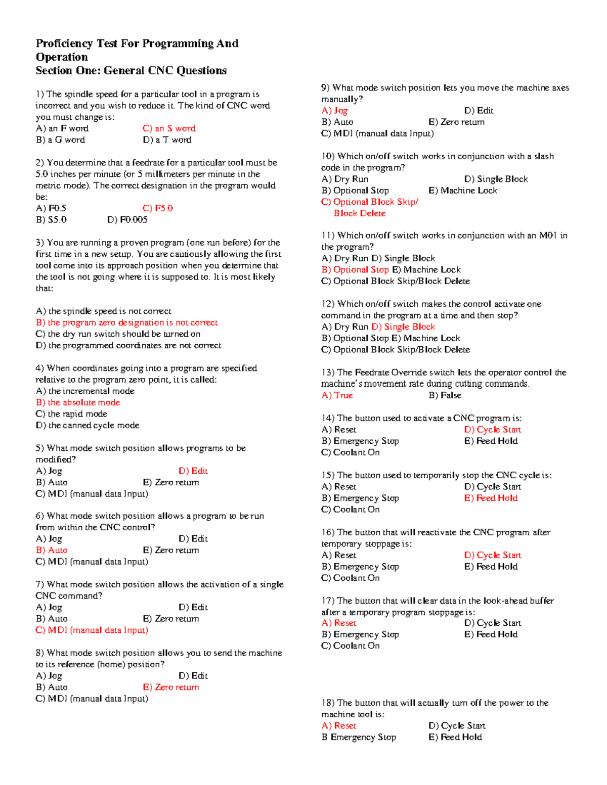 CNC Proficiency Test: General Questions & Answers (CNC 101) - Studocu