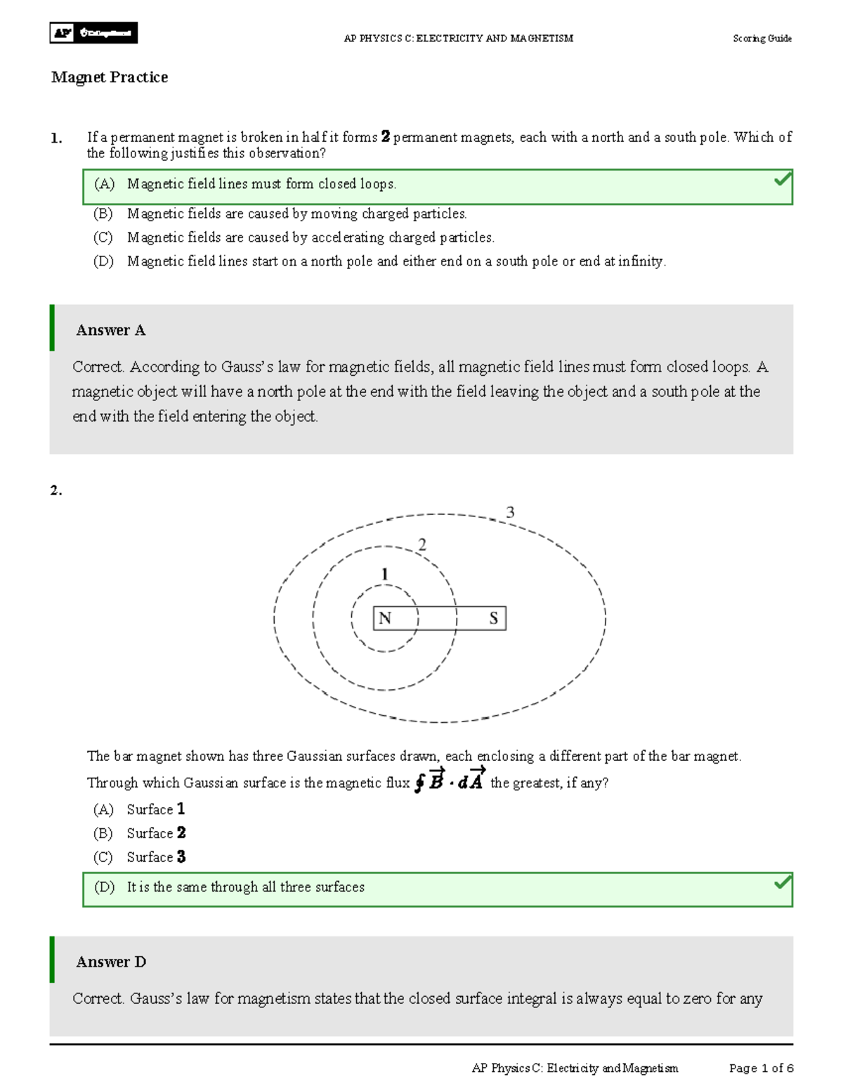 AP PHYSICS C: ELECTRICITY AND MAGNETISM Magnet Practice Scoring Guide ...