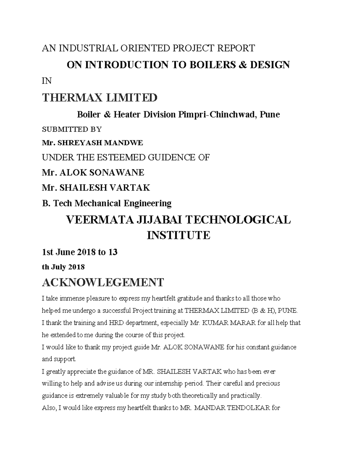 B. Tech Project Report: Boiler Design at Thermax Limited (ME) - Studocu