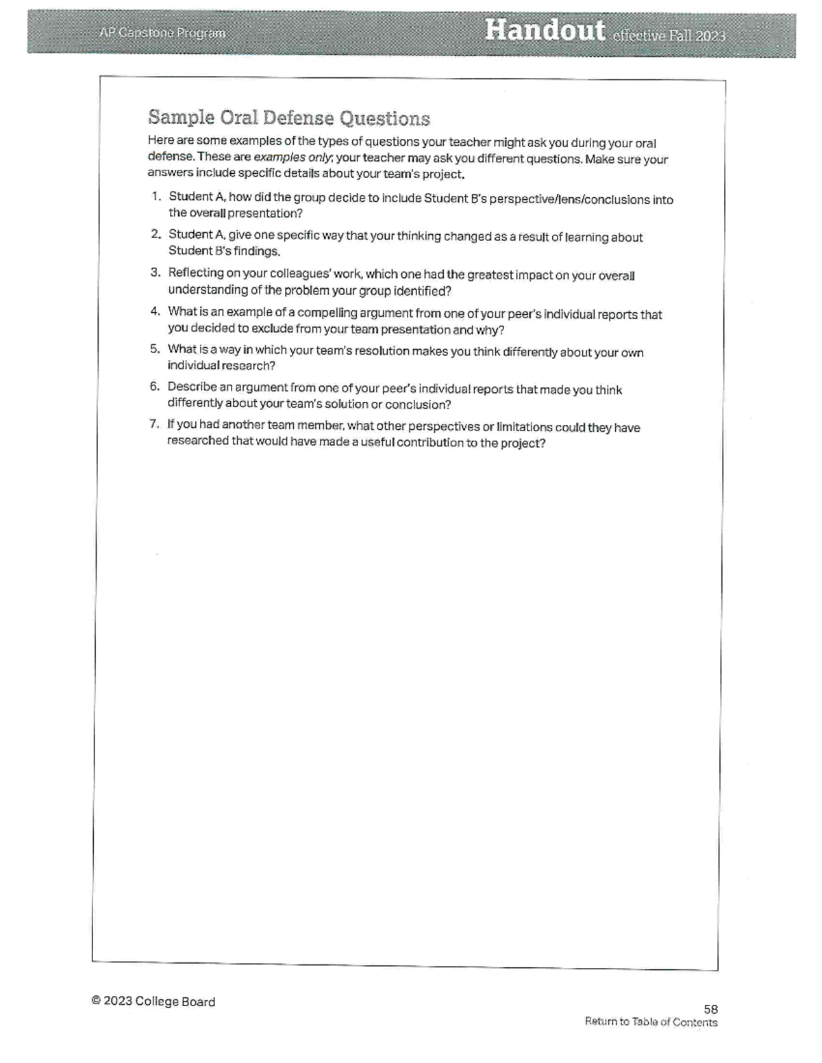 Sample Oral Defense Questions for Team Presentation - AP Capstone ...