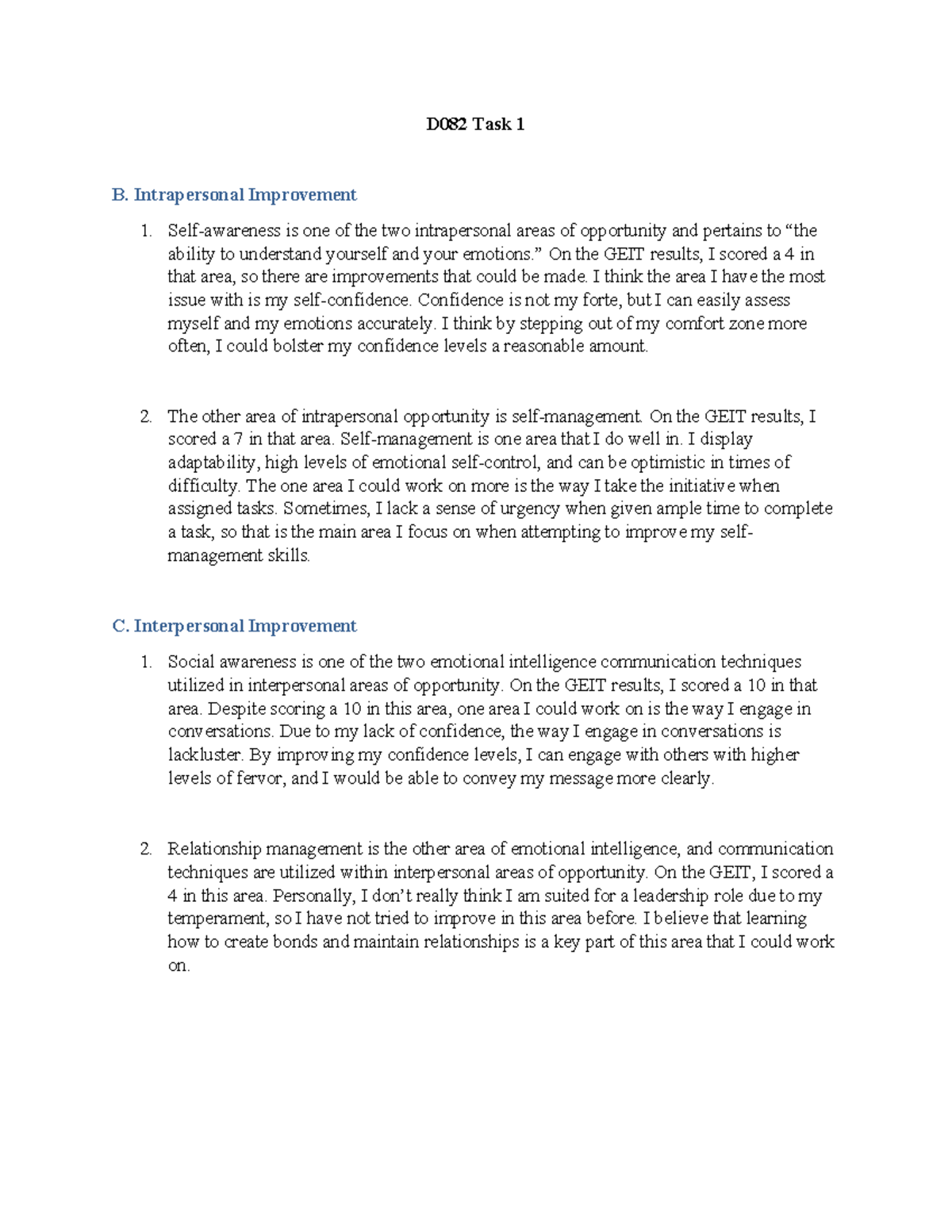 D082 Task 1: Intrapersonal & Interpersonal Improvement Insights - Studocu