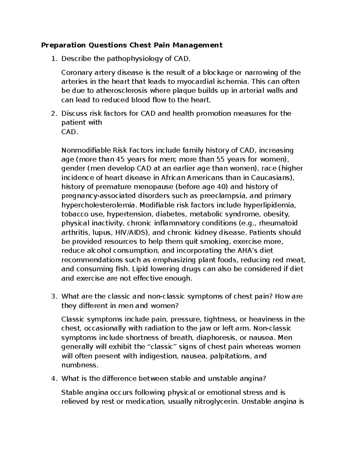 Chest Pain Management Prep: Key Concepts & Medications for CAD - Studocu