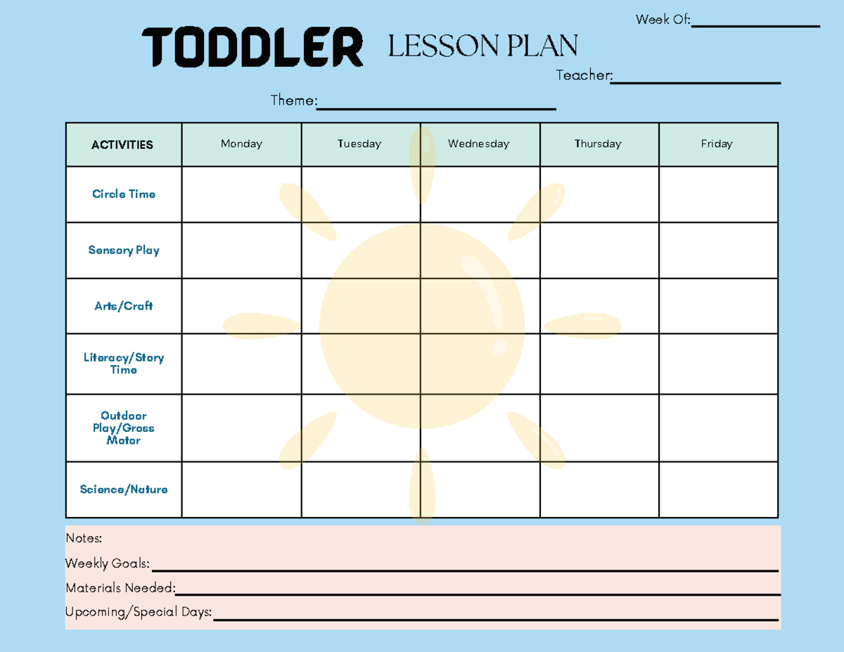 Toddler Lesson Plan: Summer Activities Overview - Studocu