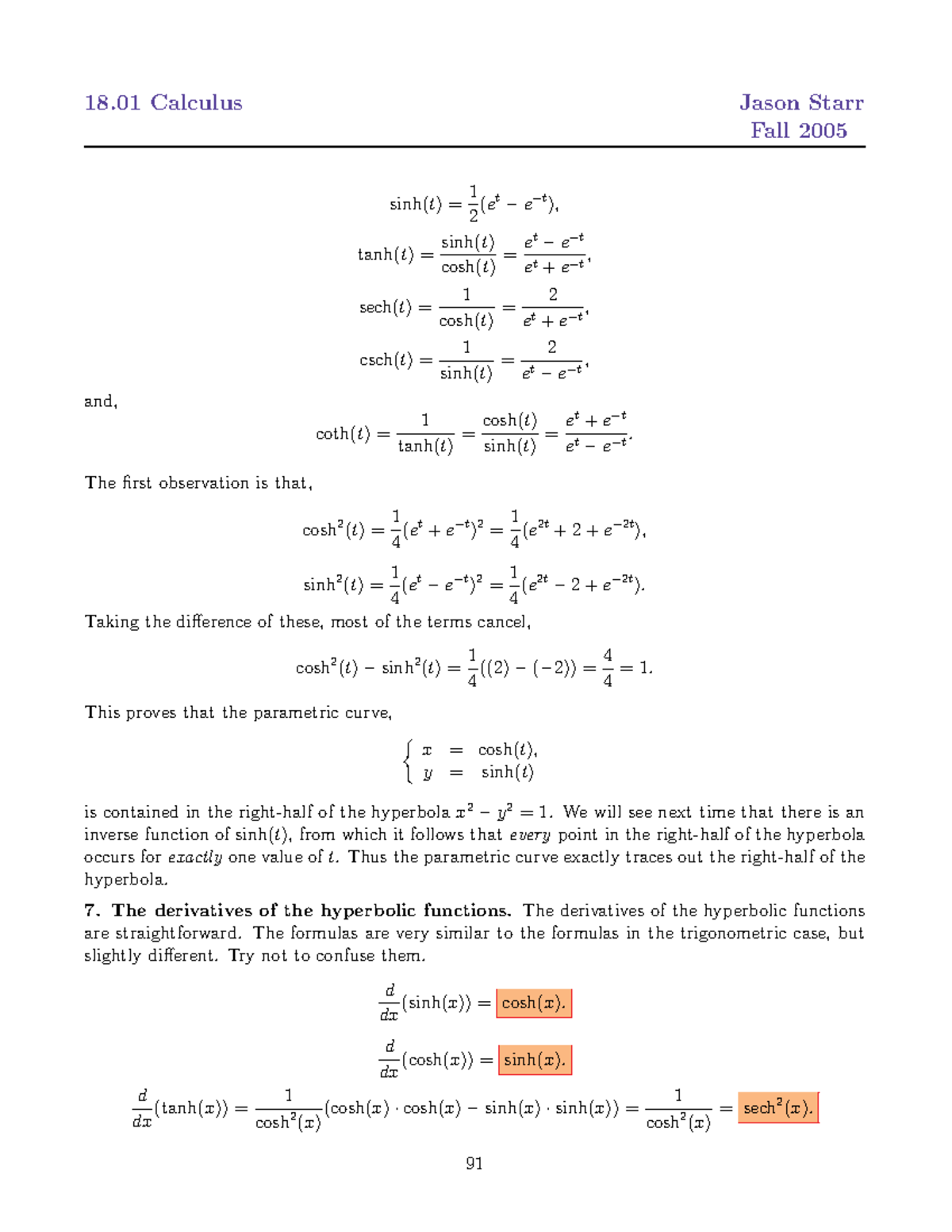 18.01 Calculus Lecture Notes: Hyperbolic Functions and Derivatives ...