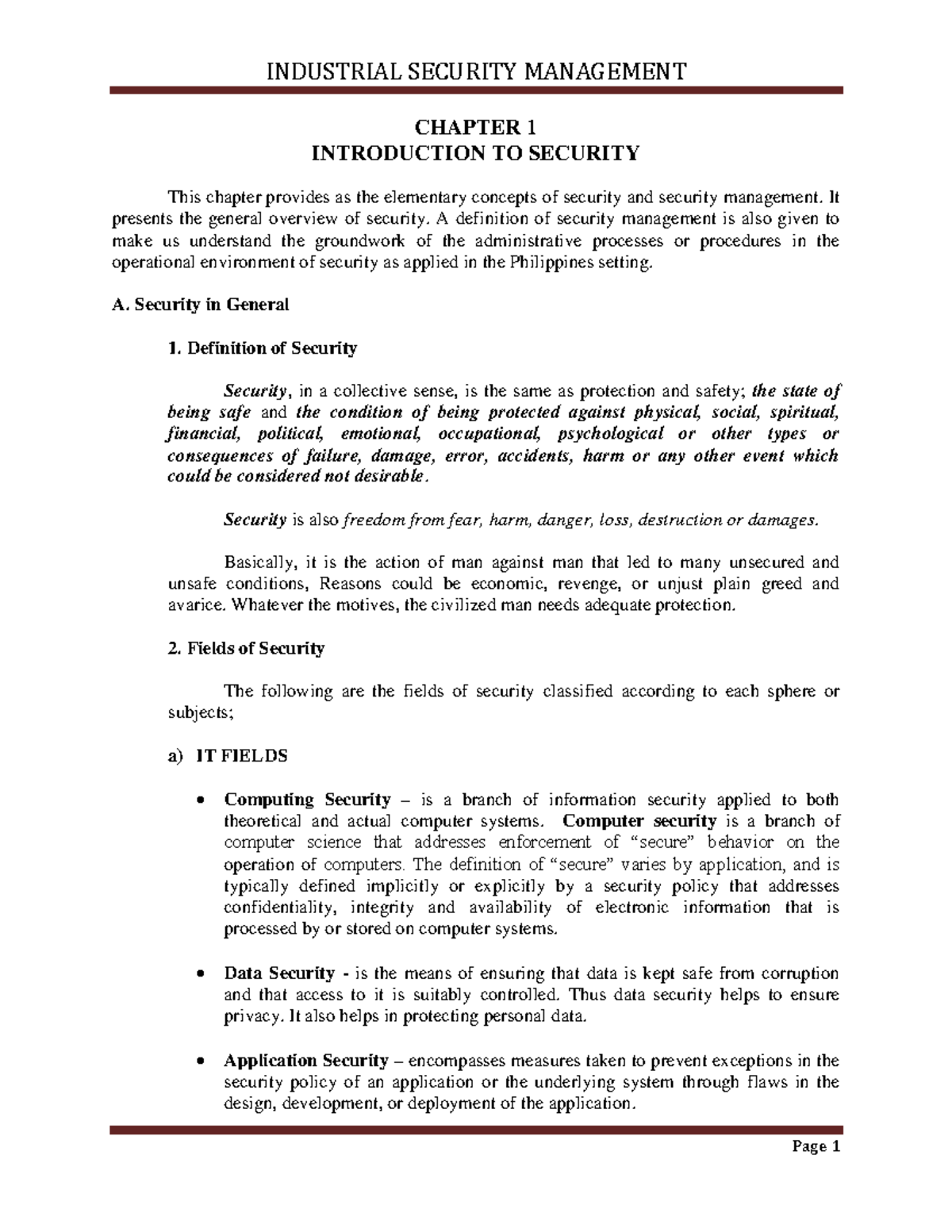 INDUSTRIAL SECURITY MANAGEMENT CHAPTER 1: INTRODUCTION TO SECURITY ...