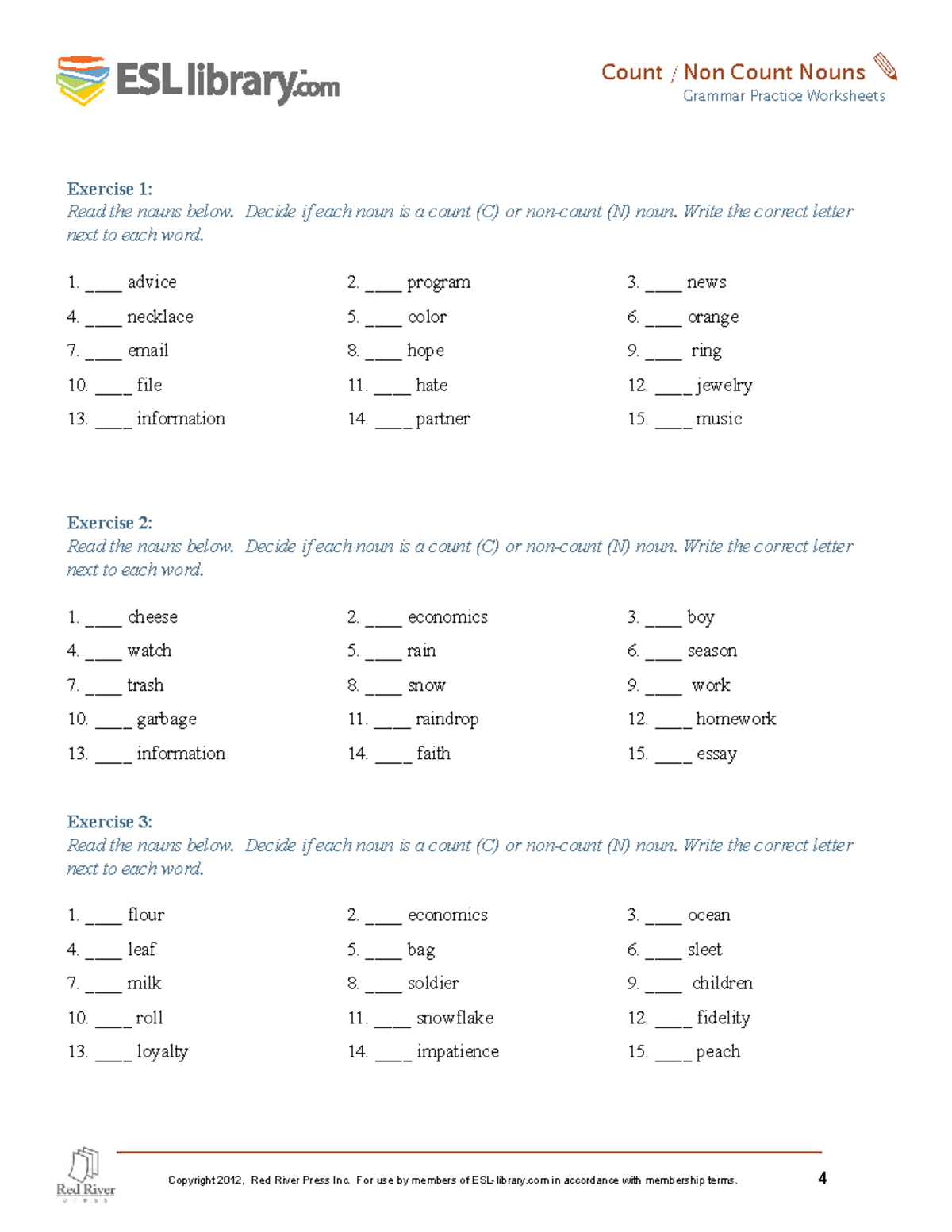 Count vs. Non-Count Nouns Grammar Practice Worksheets (Exercise 1-10 ...