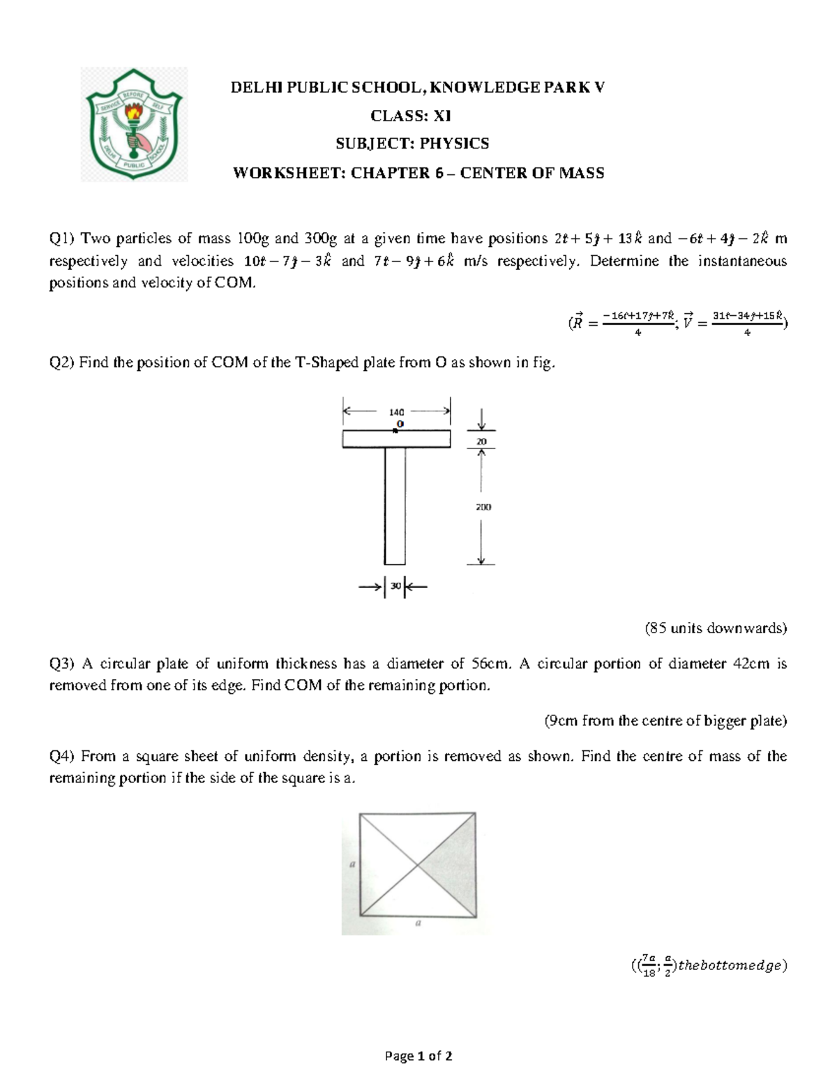 Physics Worksheet: Chapter 6 - Center of Mass (Class XI) - Studocu