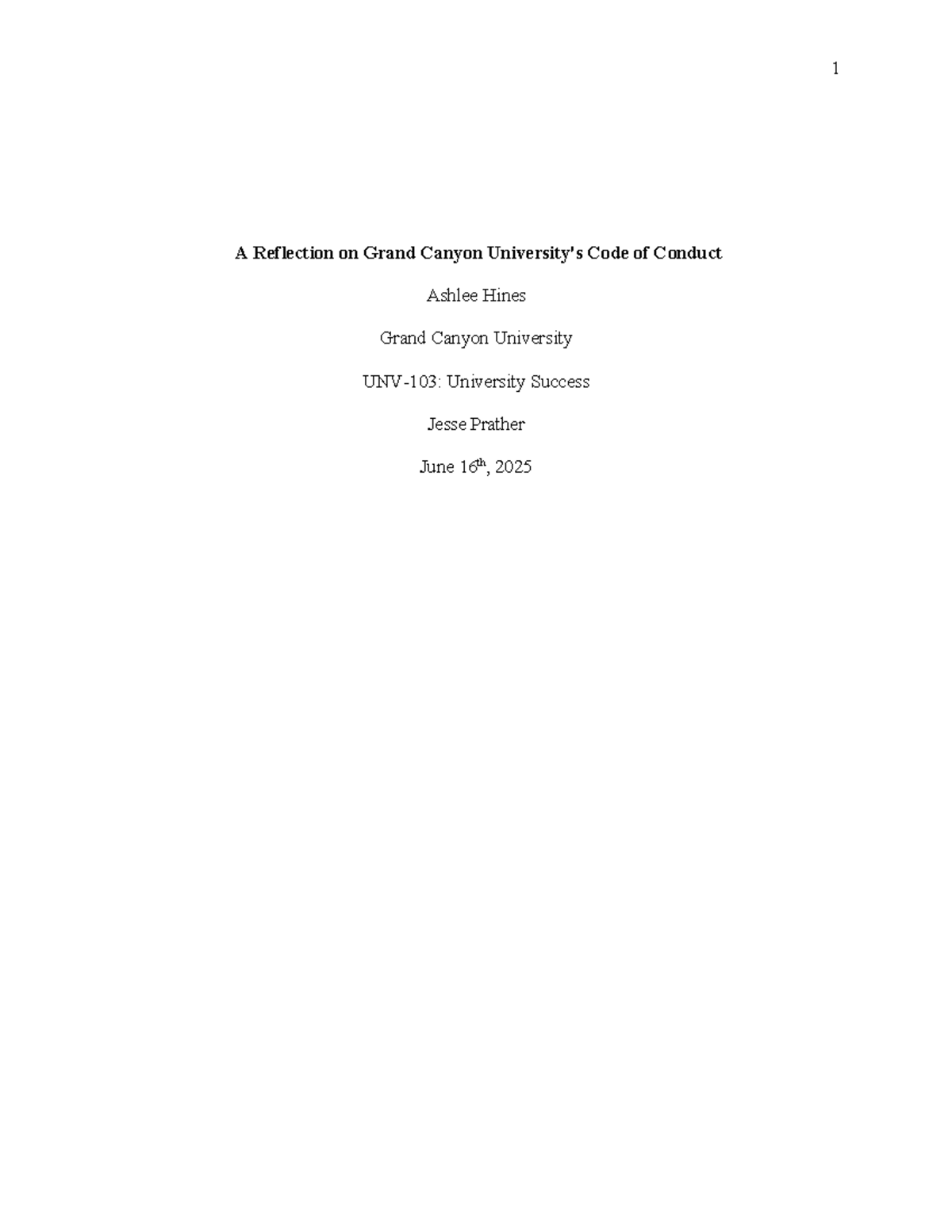 UNV-103 Reflection on GCU Code of Conduct and Academic Integrity - Studocu