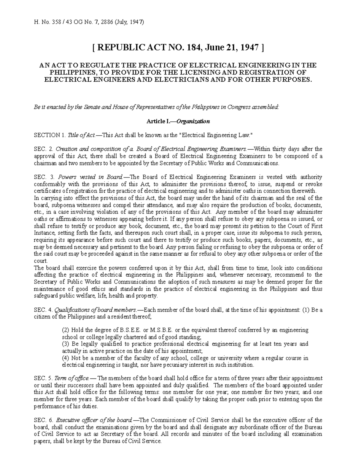 RA 184 - Electrical Engineering Law: Full Text & Key Provisions - Studocu