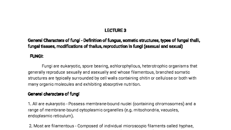 LECTURE 3: General Characteristics of Fungi - Studocu