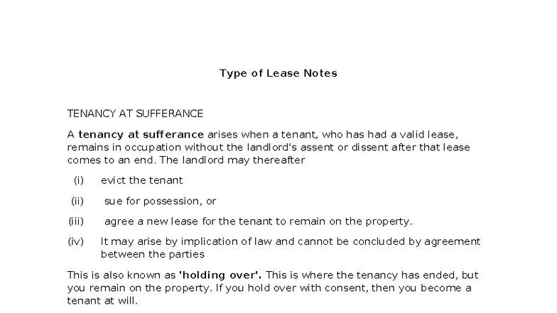 Types of Lease Notes: Tenancy at Sufferance & Tenancy at Will - Studocu