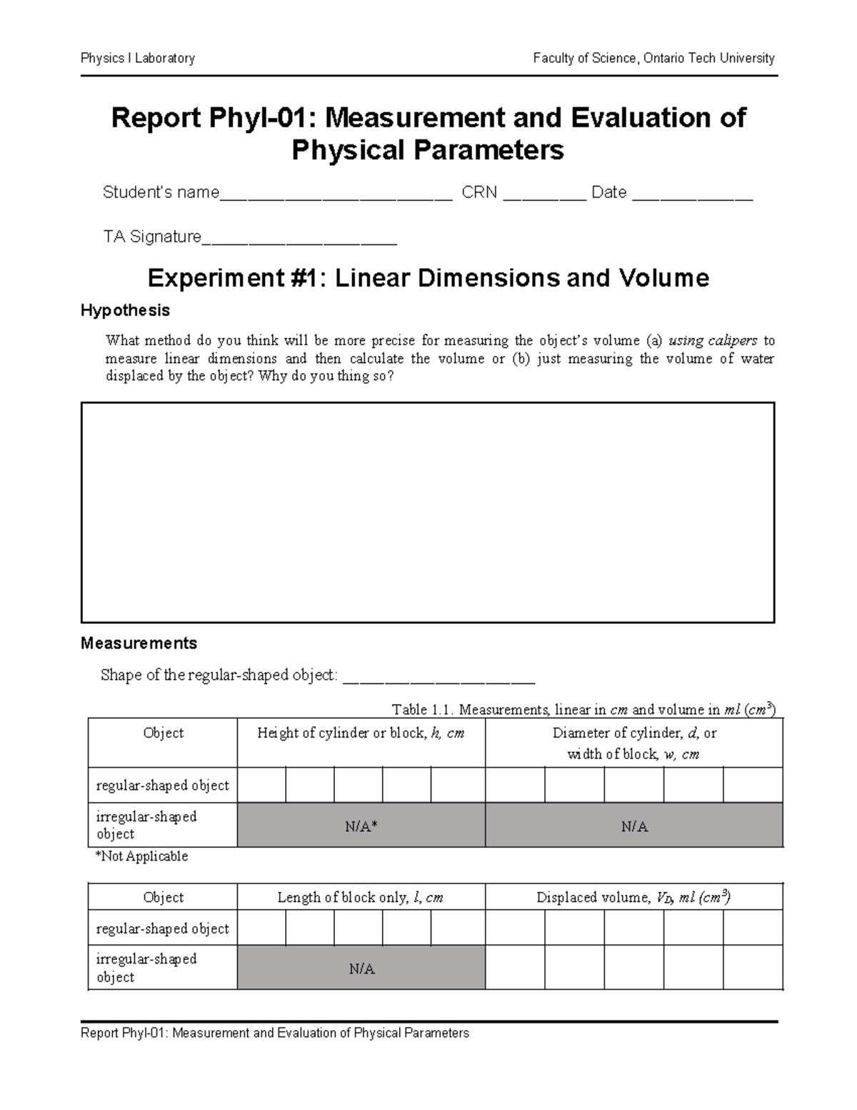 Physics I Lab Report: Measurement & Evaluation of Physical Parameters ...