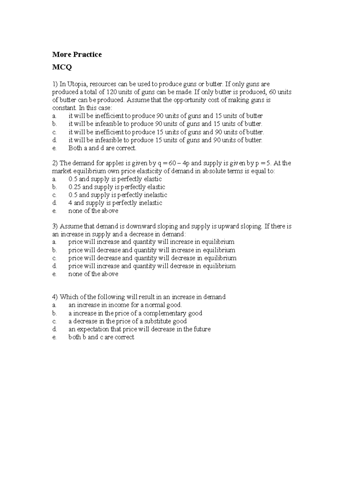 Past Final Exam Sample: Economics MCQs and Short Answer Questions - Studocu