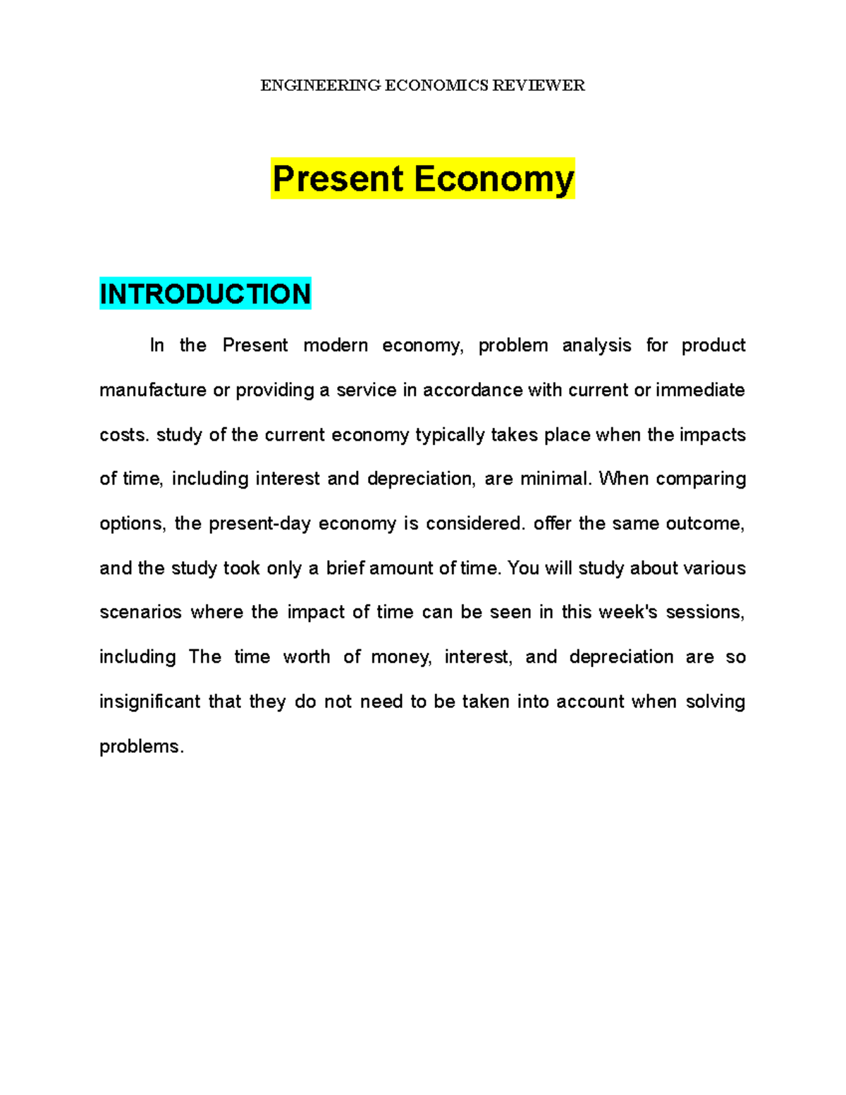 ENG 101: Engineering Economics Reviewer - Present Economy Concepts - Studocu