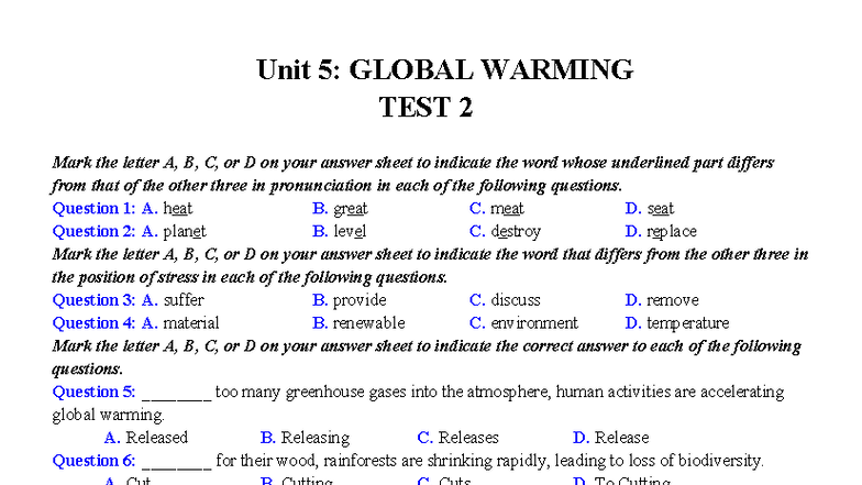 [C11.U5] TEST 2: Global Warming & Its Daily Impacts - English Grade 11 ...