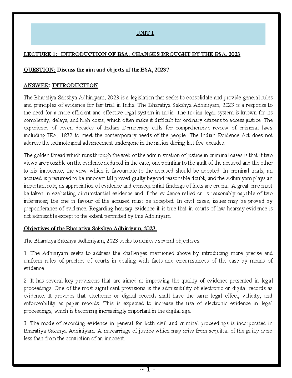 BSA 2023: Lecture on Introduction, Objectives, and Evidence Types - Studocu