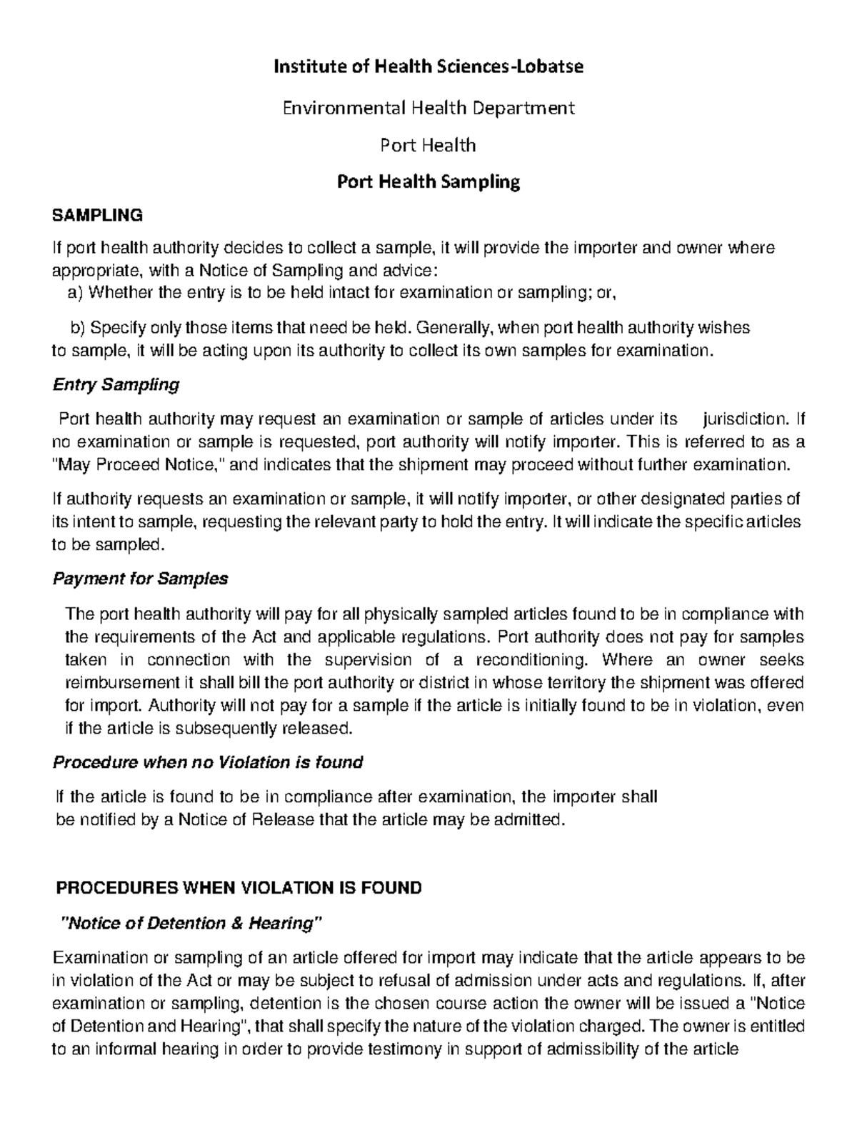 ENH 206 Unit 2 - Procedures for Port Health Sampling and Compliance ...