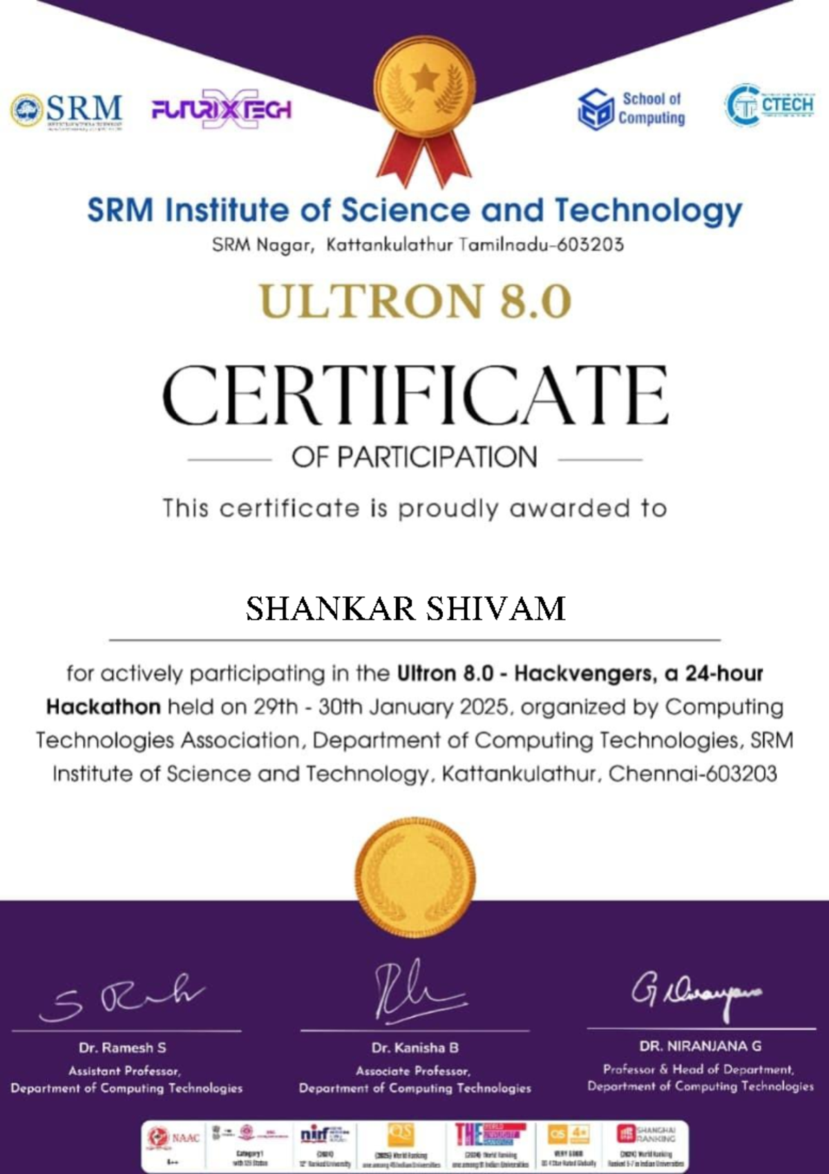 SRM ECH CTECH Ultron 8.0 Hackathon Participation Certificate - Studocu