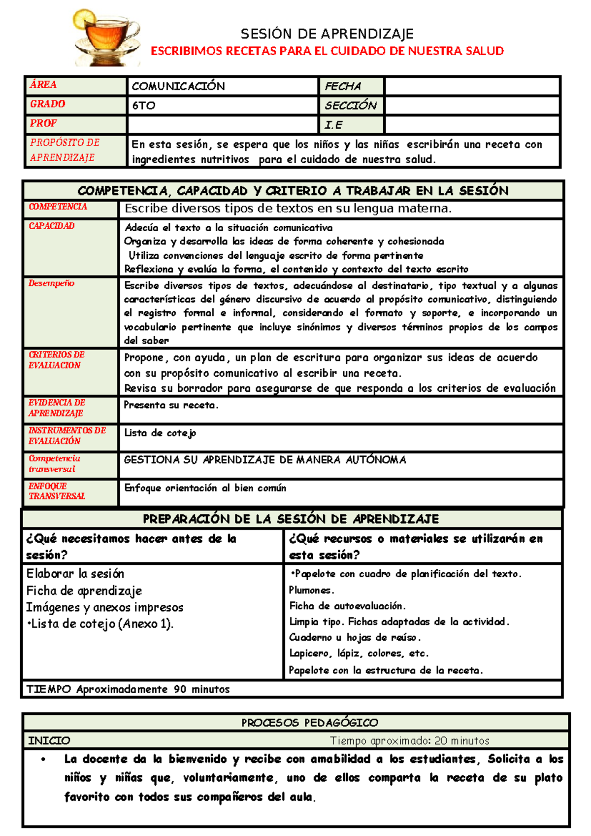 Sesión de Aprendizaje: Escribimos Recetas Nutritivas en 6to Grado - Studocu