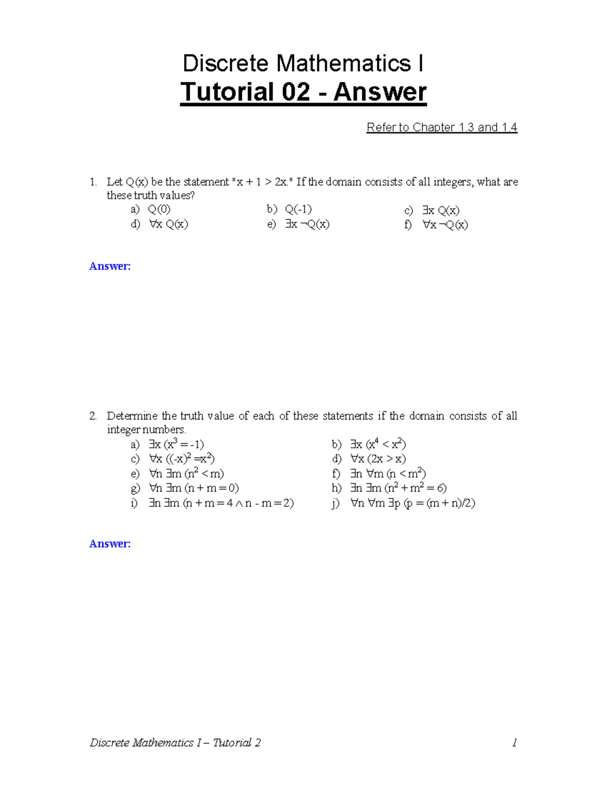 Discrete Mathematics I Tutorial 02 - Questions and Answers - Studocu