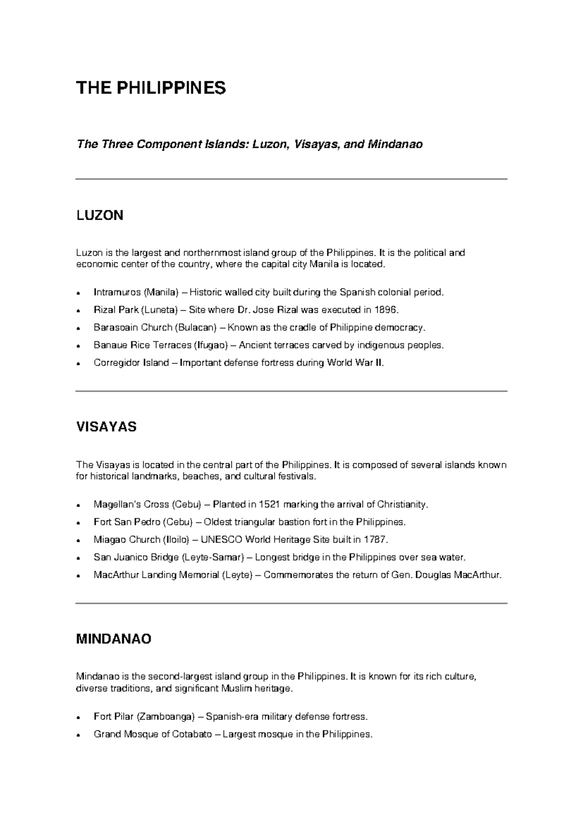Philippines: Three Component Islands Overview Graphic Organizer - Studocu