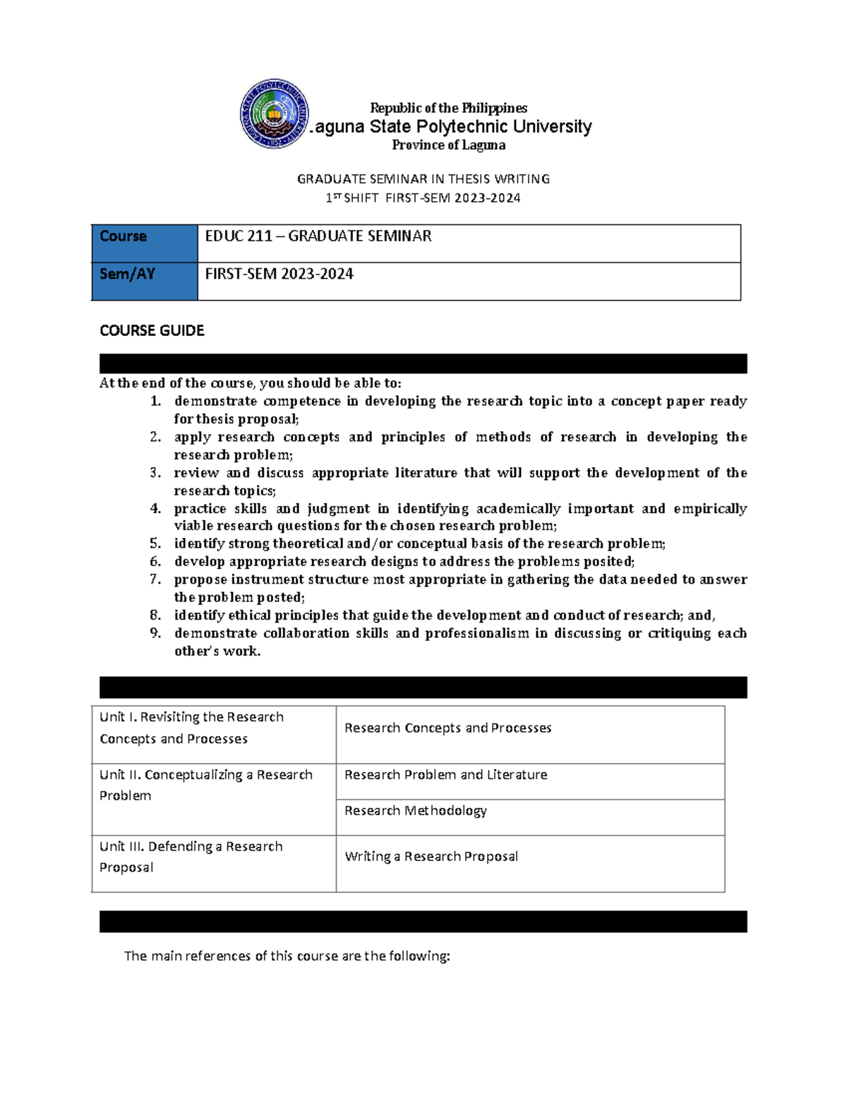 EDUC 211 Course Guide: Graduate Seminar in Thesis Writing 1st Sem 2023 ...
