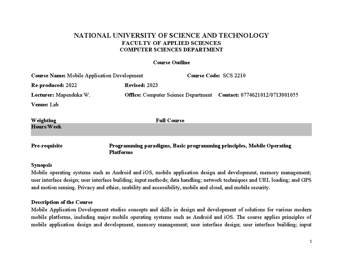 Mobile Application Development Course Outline - SCS2210 (2023) - Studocu